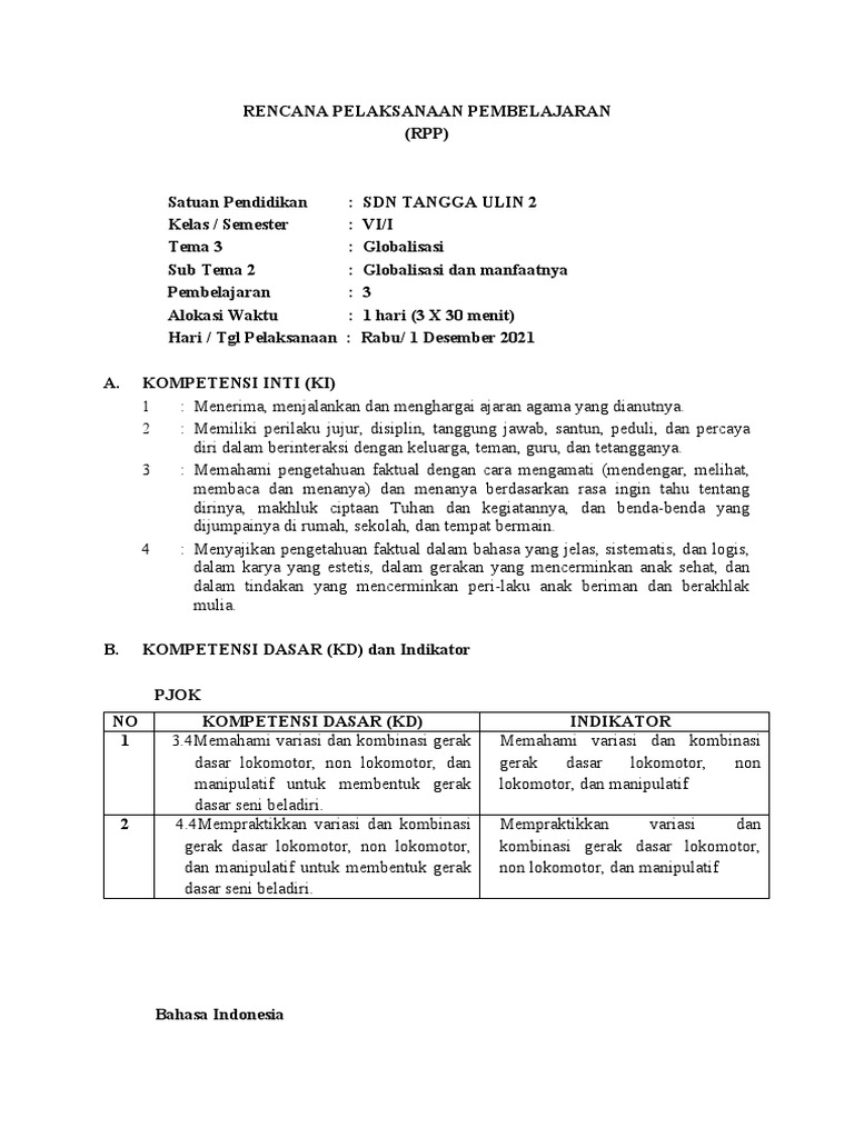 RPP KELAS 6 Tema 4 Sub Tema 2 Pembelajaran 3 | PDF