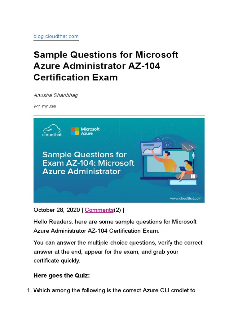 Sample Questions For Microsoft Azure Administrator AZ-104 Certification ...