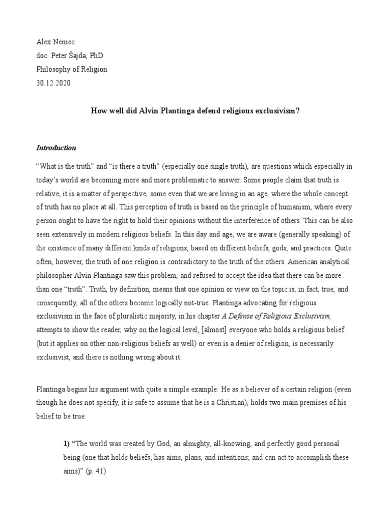 Plantinga, Defense of Religious Exclusivism - Alex Nemec | PDF | Truth ...