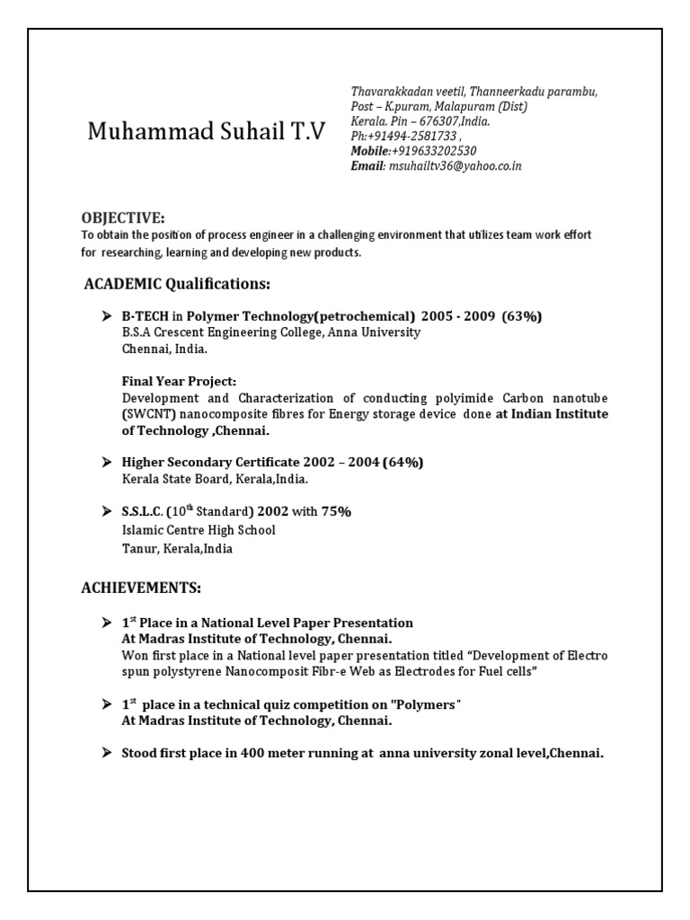 Resume of Muhammad Suhail T.V. | PDF | Plastic | Polymers