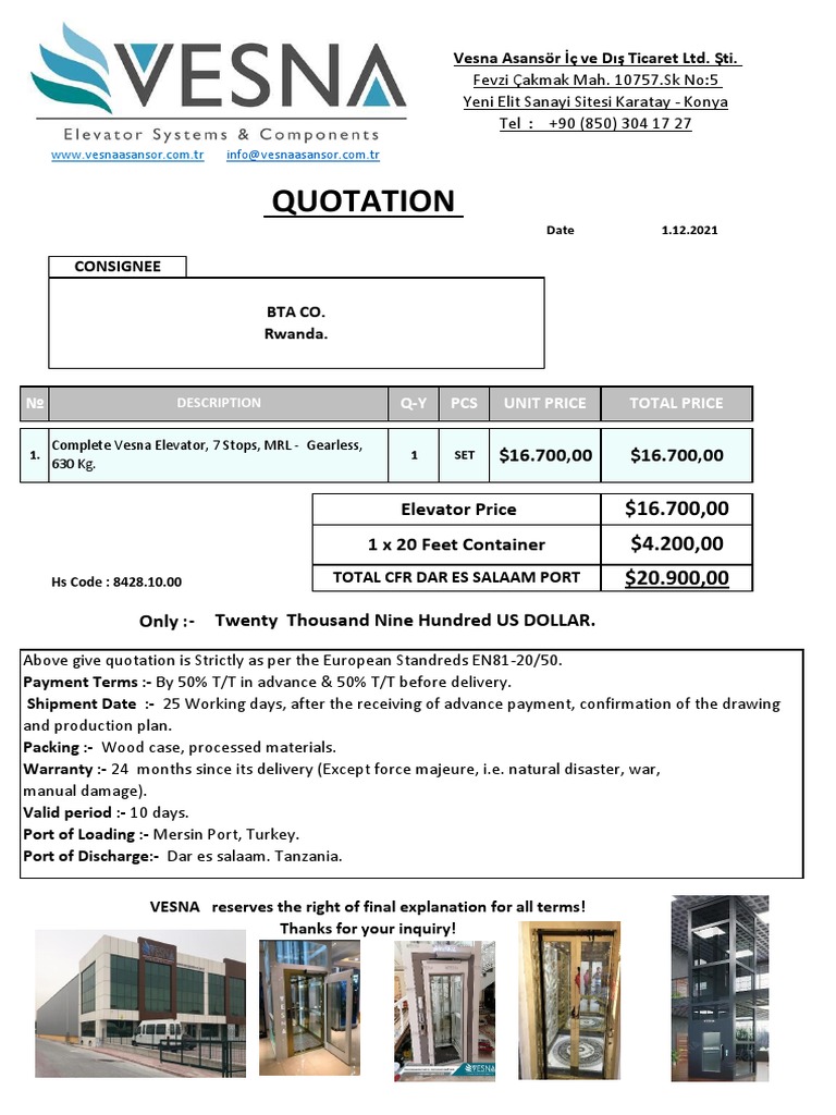 Vesna Elevator Quotation Details | PDF | Elevator | Door