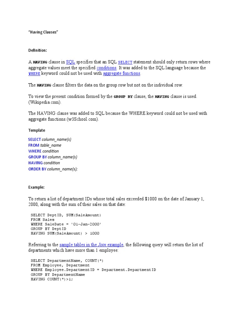 SQL Conditions Aggregate Functions: "Having Clauses" | PDF