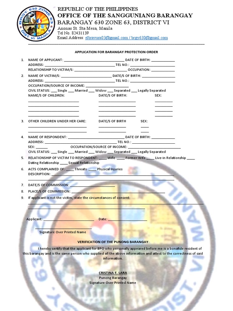 Application For Barangay Protection Order | PDF | Violence | Justice