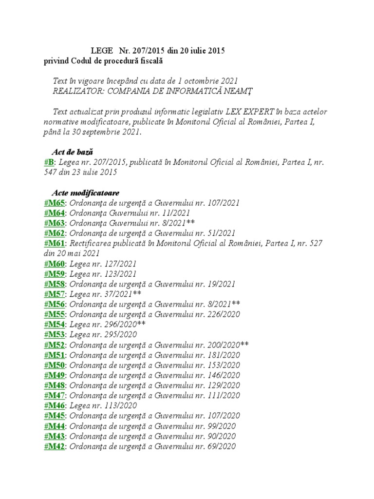 Lege 207 Din 2015 Cod Procedura Fiscala | PDF