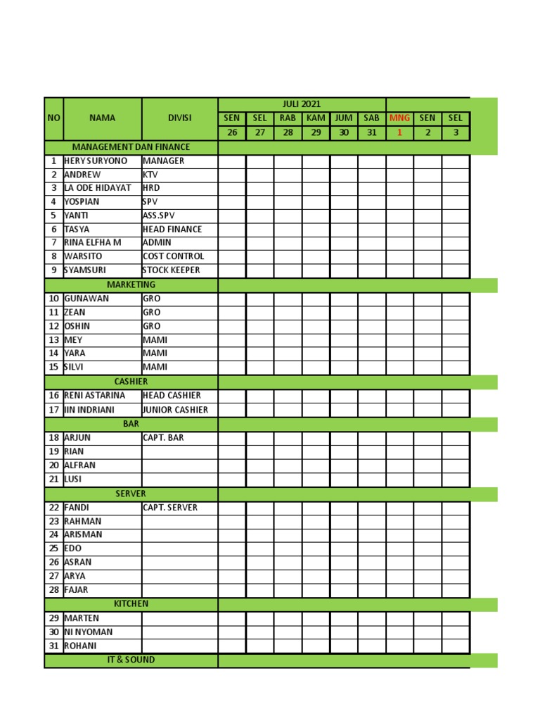 Rekapan Absen Karyawan Spazio Periode Juli - Agustus 2021 | PDF