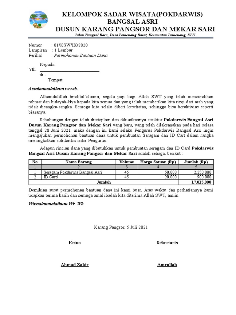 Permohonan Dana Pokdarwis Bangsal Asri | PDF