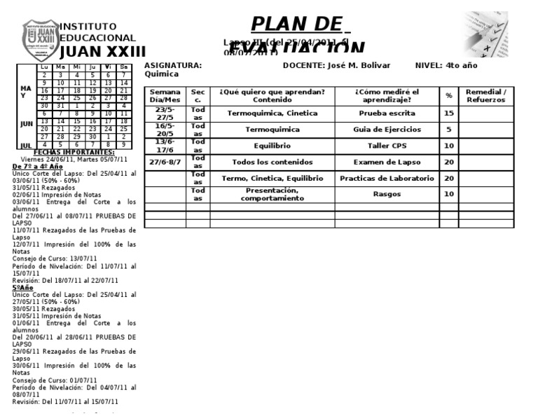 PLAN DE EVALUACION 3ER Lapso 4to Año | PDF | Educación avanzada