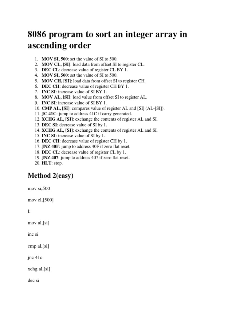 8086 Program To Sort An Integer Array in Ascending Order: Method 2 (Easy) | PDF | Computer ...