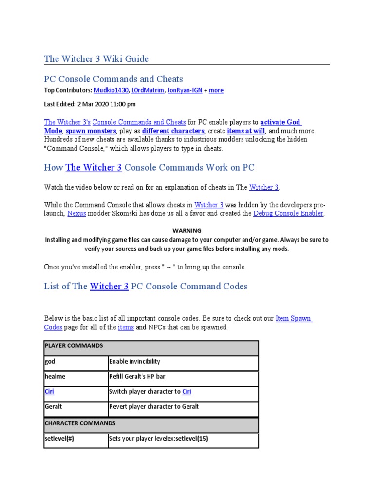 The Witcher 3 Wiki Guide PC Console Commands and Cheats | PDF ...