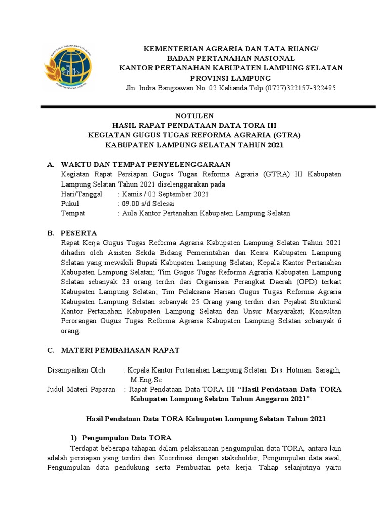 Notulensi Rapat Pendataan Data Tora Iii | PDF