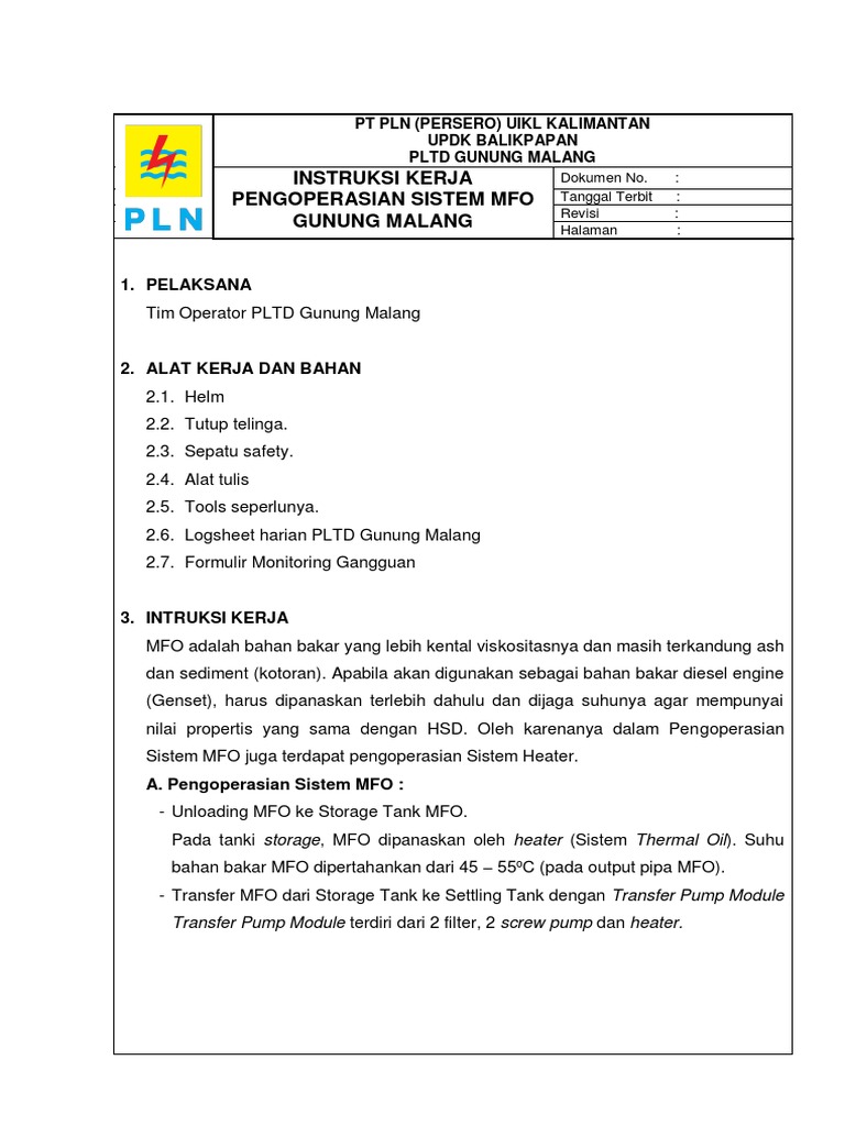 Instruksi Kerja Pengoperasian MFO PLTD | PDF | Teknologi & Rekayasa