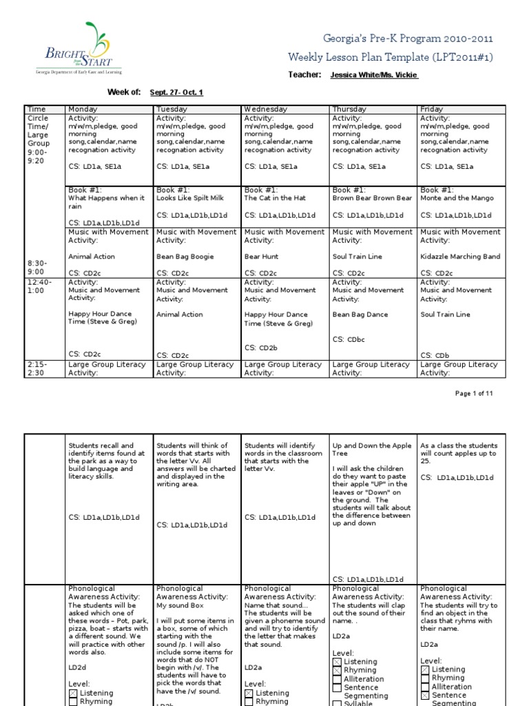 Pre-K6 Lesson Plans Sept Week 8 | PDF | Syllable | Lesson Plan