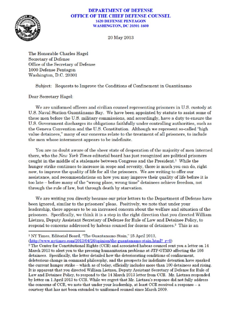 2013 05 20 Joint Letter To Sec Hagel Pii Redacted | PDF | Guantanamo ...