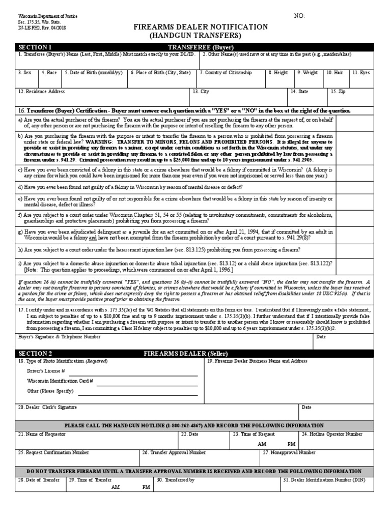 Firearms Dealer Notification (Handgun Transfers) : Section 1 TRANSFEREE ...