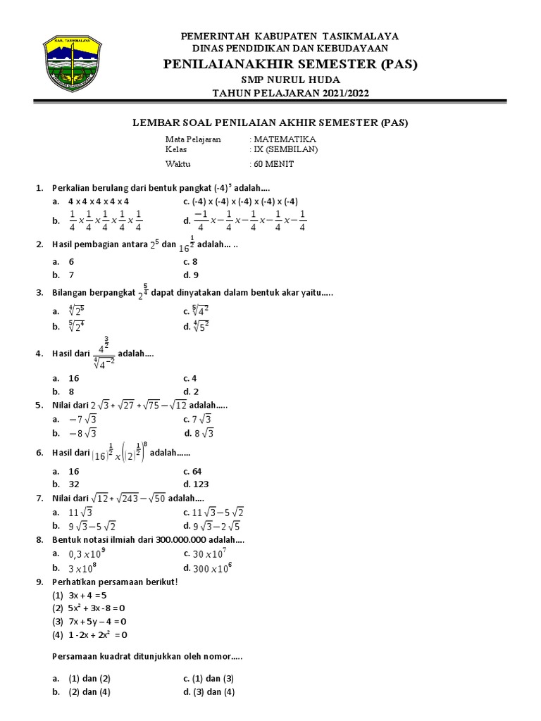 Soal PAS MTK Kls 9 | PDF