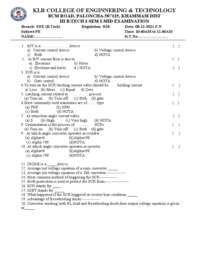 B.Tech EEE Mid Exam Questions 2021 | PDF | Bipolar Junction Transistor ...