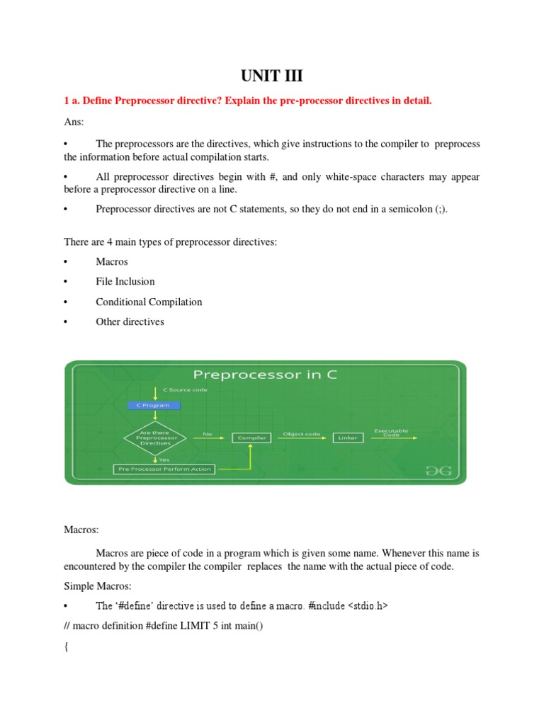 Unit Iii: 1 A. Define Preprocessor Directive? Explain The Pre-Processor ...