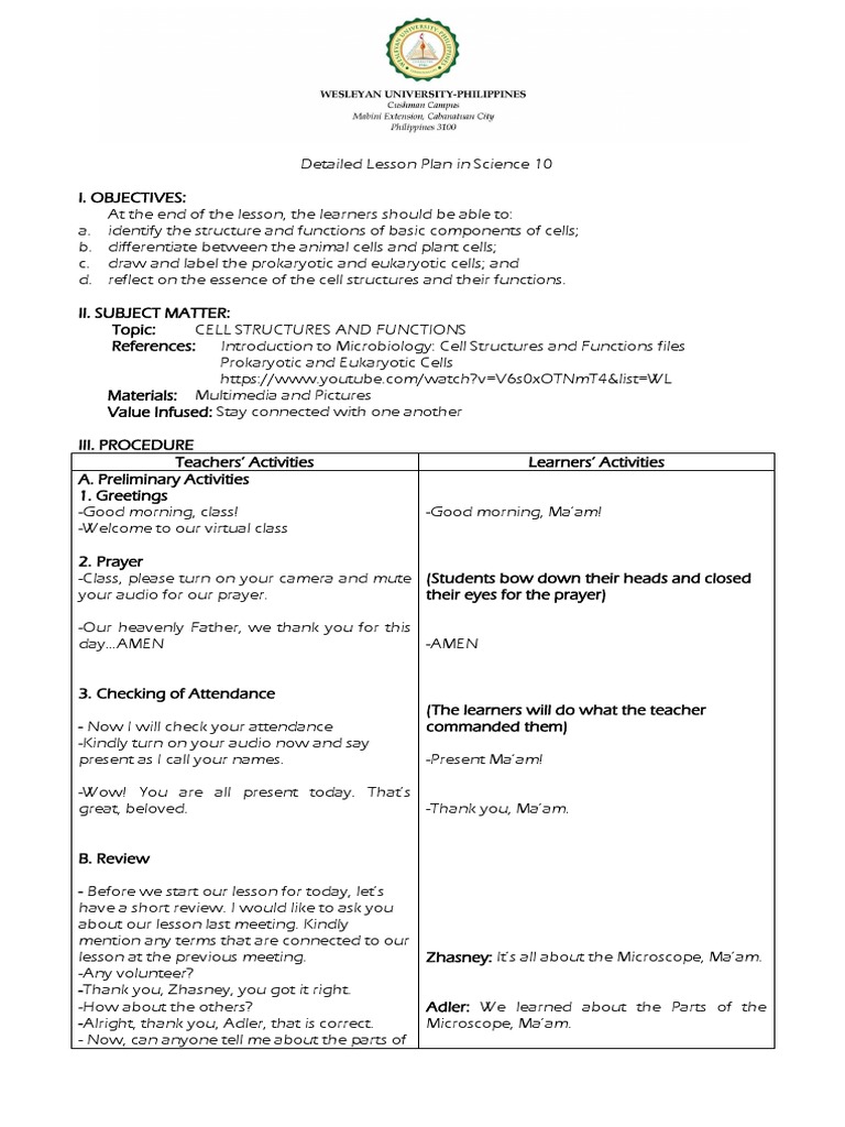 Detailed Science Lesson Plan: Cell Structures | PDF | Endoplasmic ...