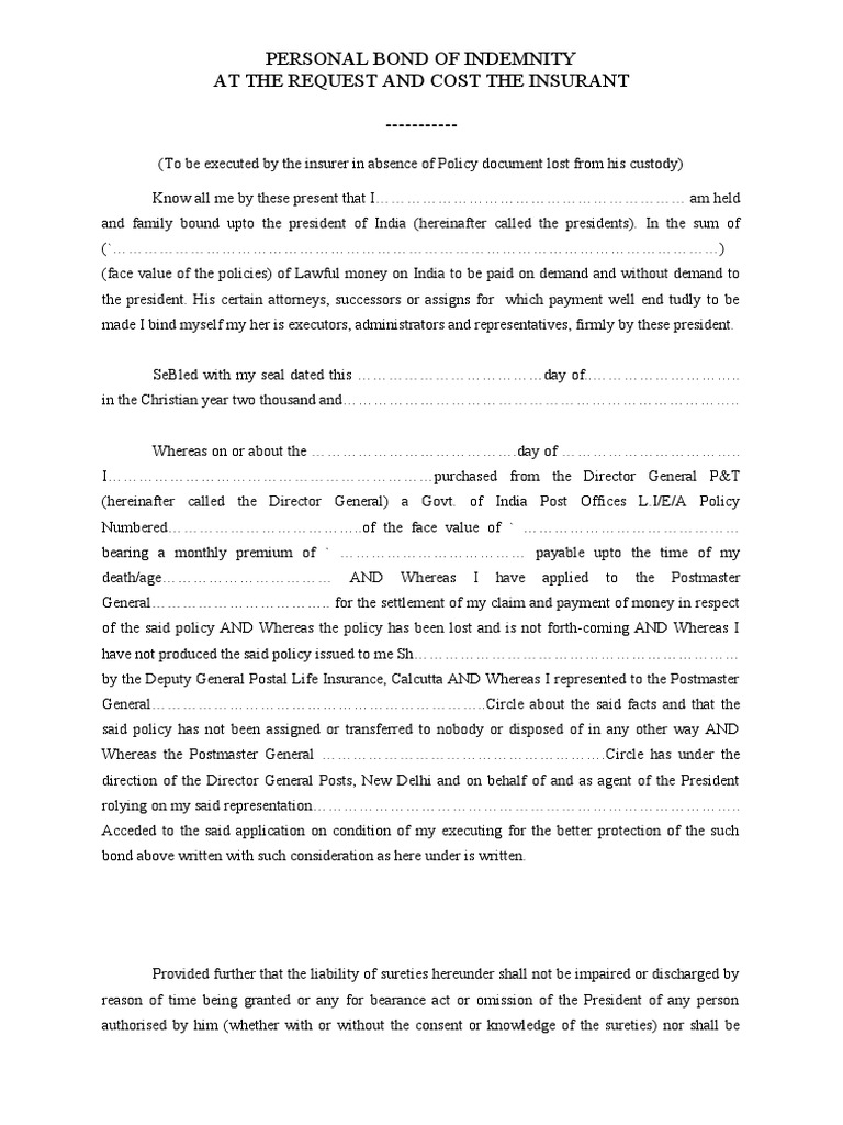 Personal Bond of Indemnity | PDF | Insurance | Indemnity
