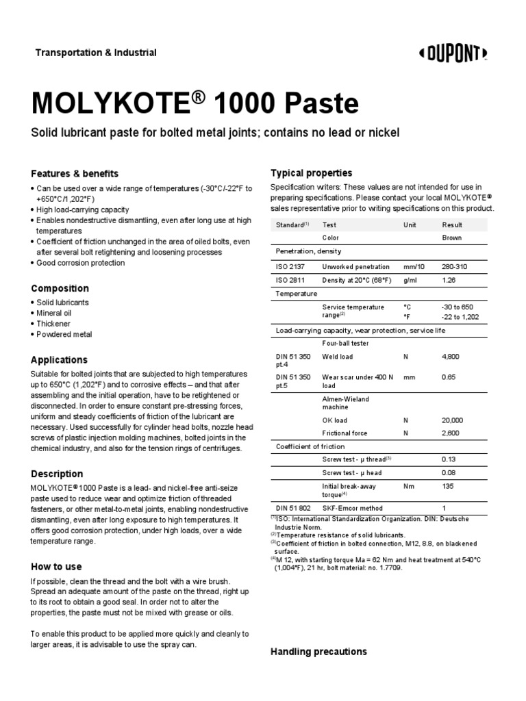 Molykote 1000 Paste: Solid Lubricant Paste For Bolted Metal Joints ...