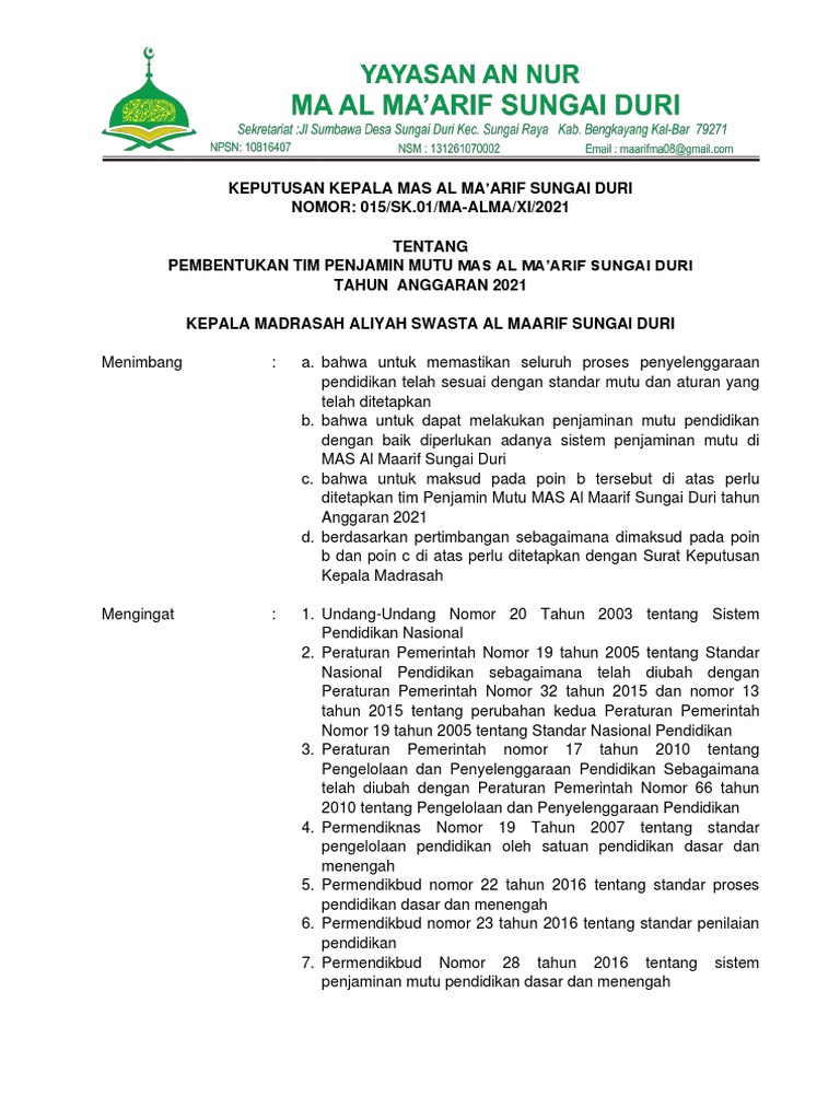 SK Pembentukan TPM Madrasah 2021 | PDF