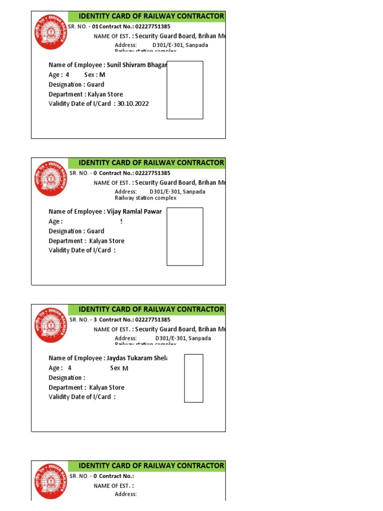 Identity Card of Railway Contractor: Contract No.: 02227751385 | PDF ...