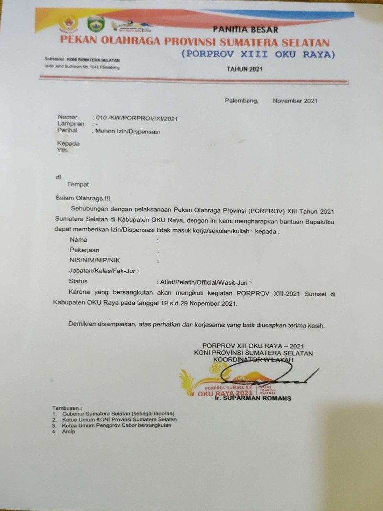 Contoh Surat Dispensasi Porprov | PDF