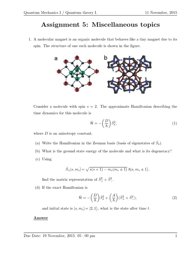 Assignment 5: Miscellaneous Topics | PDF | Hamiltonian (Quantum Mechanics) | Physics