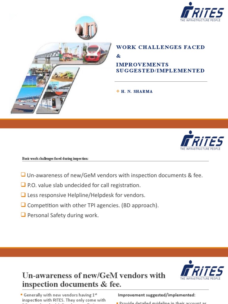 WORK CHALLENGES FACED & IMPROVEMENTS SUGGESTED/IMPLEMENTED PPT by H N ...