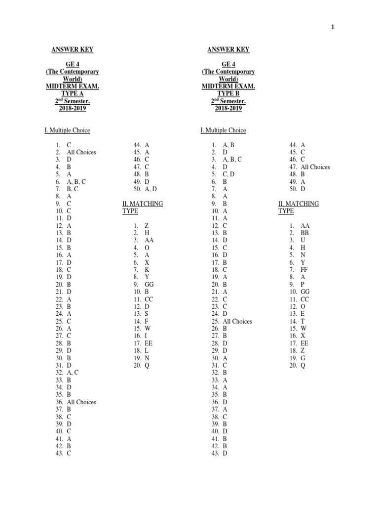 GE 4 (The Contemporary World) MIDTERM EXAM. TYPE A/B 2nd Semester. 2018 ...