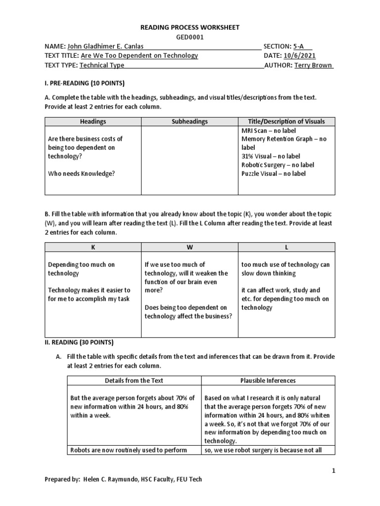 Reading Process Worksheet D3 T12122 | PDF | Surgery | Artificial ...