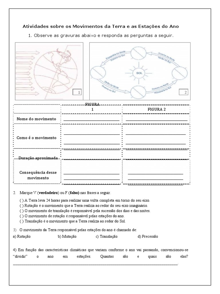 Atividades Sobre Os Movimentos Da Terra e As Estacoes Do Ano | PDF | Métodos e Materiais de ...
