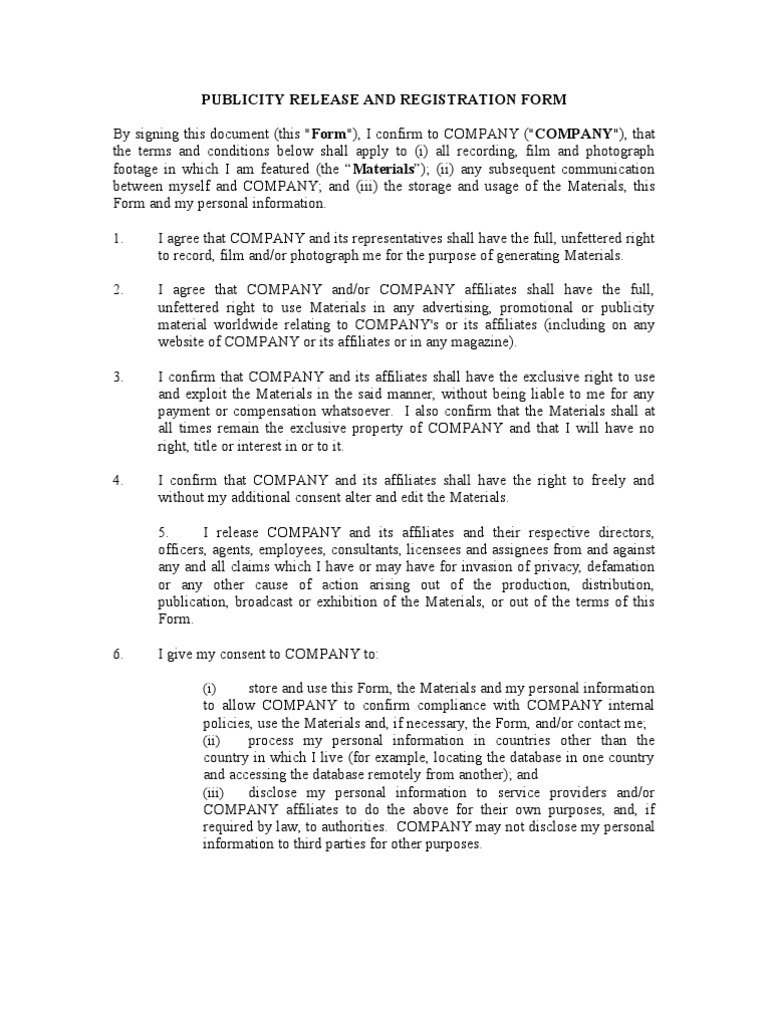 Publicity Release Agreement Form | PDF | Consent | Personally ...