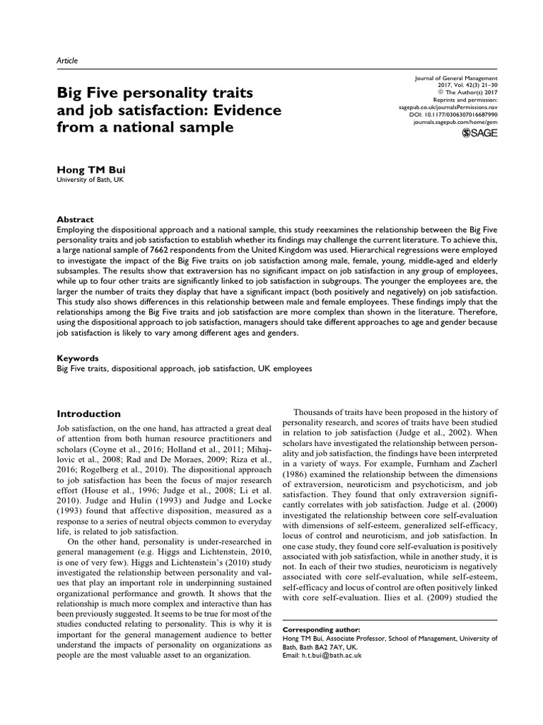 Big Five Traits and Job Satisfaction Insights | PDF | Job Satisfaction ...