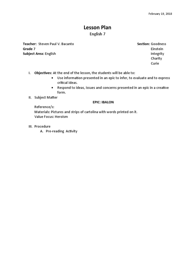 g7 Lesson Plan Epic Ibalon | PDF
