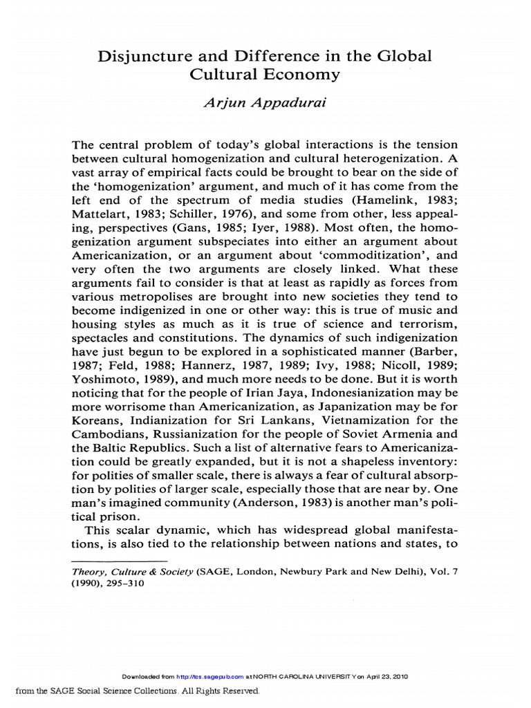 Appadurai Disjuncture and Difference in The Global Cultural Economy-1 | PDF