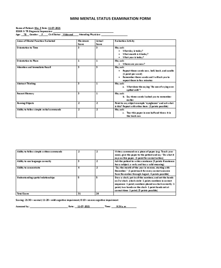 Mini Mental Status Examination Form | PDF | Cognition | Psychology