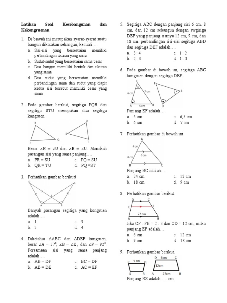 Latihan Soal Kesebangunan Dan Kekongruenan | PDF
