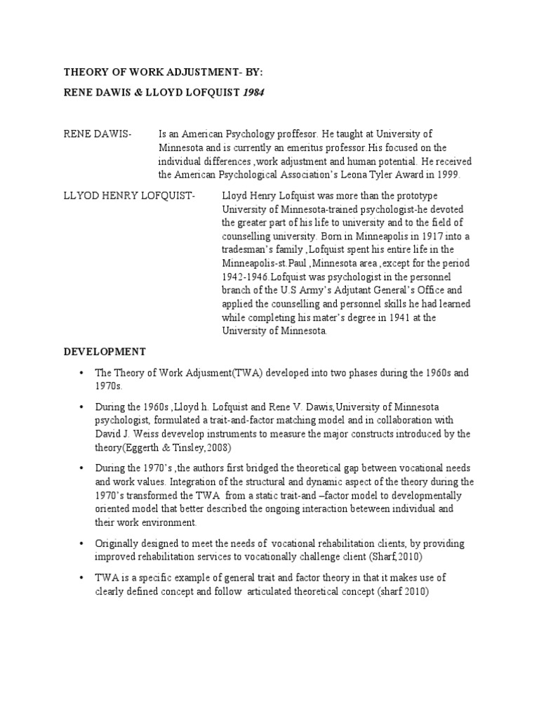 Theory of Work Adjustment Overview | PDF | Counseling Psychology ...