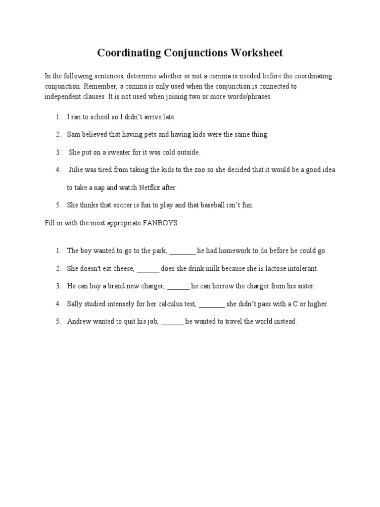 Coordinating Conjunctions Worksheet and Key | PDF