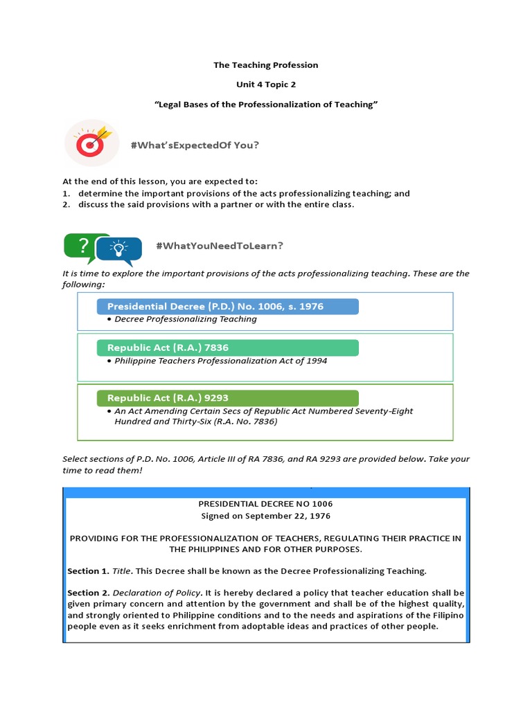 Unit 4 Topic 2 - Legal Bases of The Professionalization of Teaching PRESENTATION | PDF ...