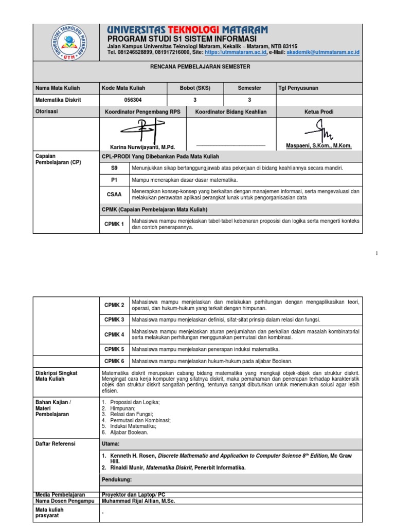 RPS Matematika Diskrit | PDF | Metode & Bahan Ajar