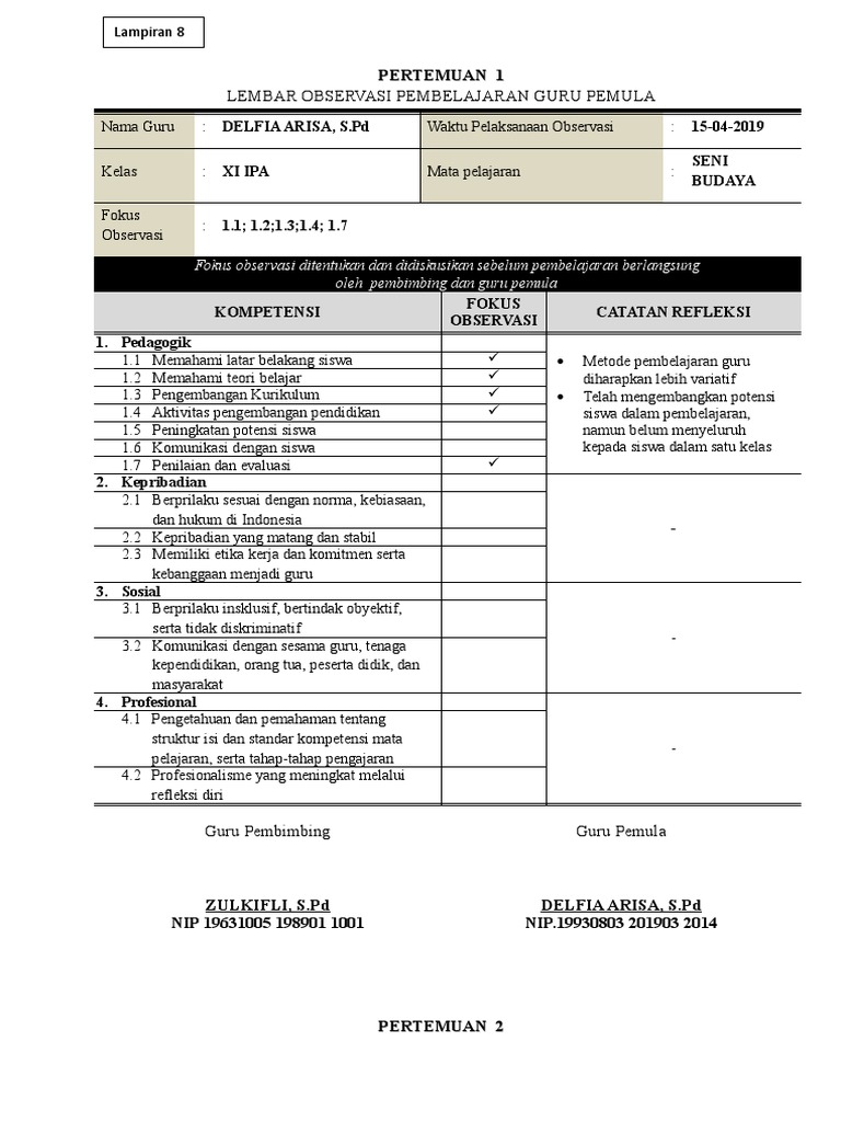 Lamp 8. Lembar Refleksi Observasi Oleh Guru Pembimbing | PDF | Karier & Perkembangan