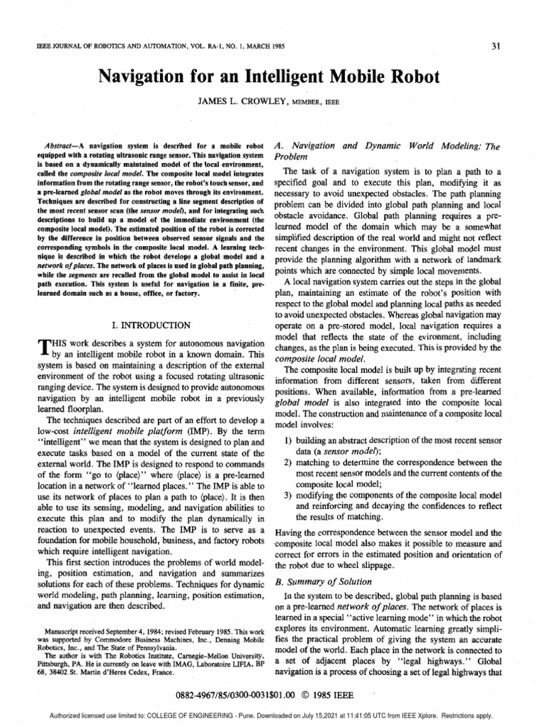 Navigation For An Intelligent Mobile Robot Pdf Computer Vision Sonar