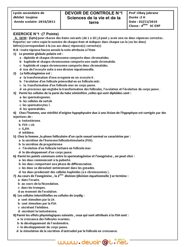 Devoir de Contrôle N°1 - SVT Reproduction - Bac Sciences Exp (2010-2011 ...
