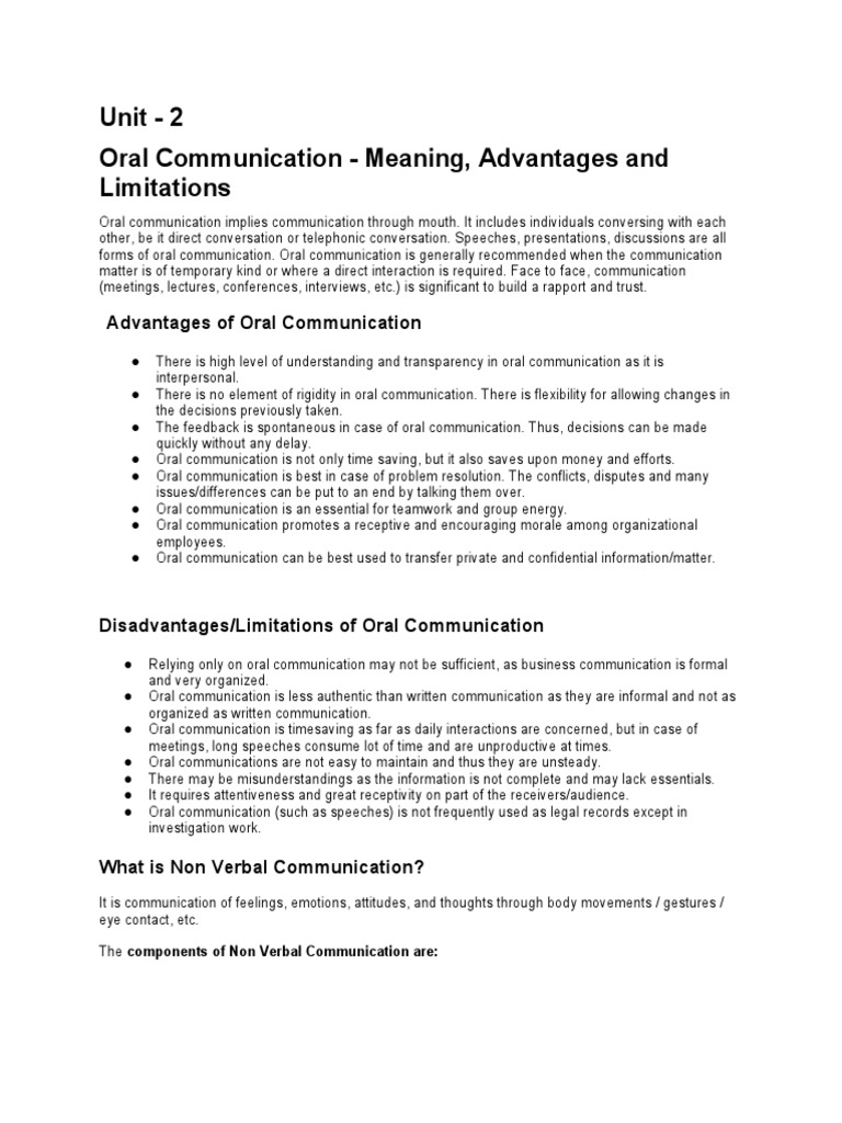 Unit - 2 Oral Communication - Meaning, Advantages and Limitations ...