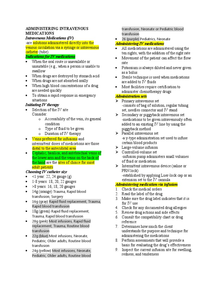 Intravenous Medications (IV) Administering IV Medications | PDF ...
