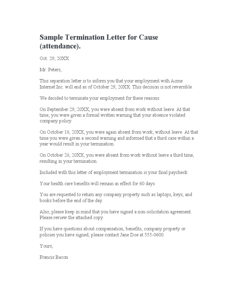 Sample Termination Letter For Cause (Attendance) | PDF