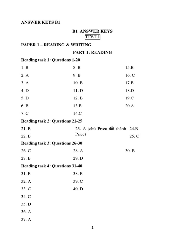 TEST ANSWER KEYS 1 - 8 Reading & Writing | PDF