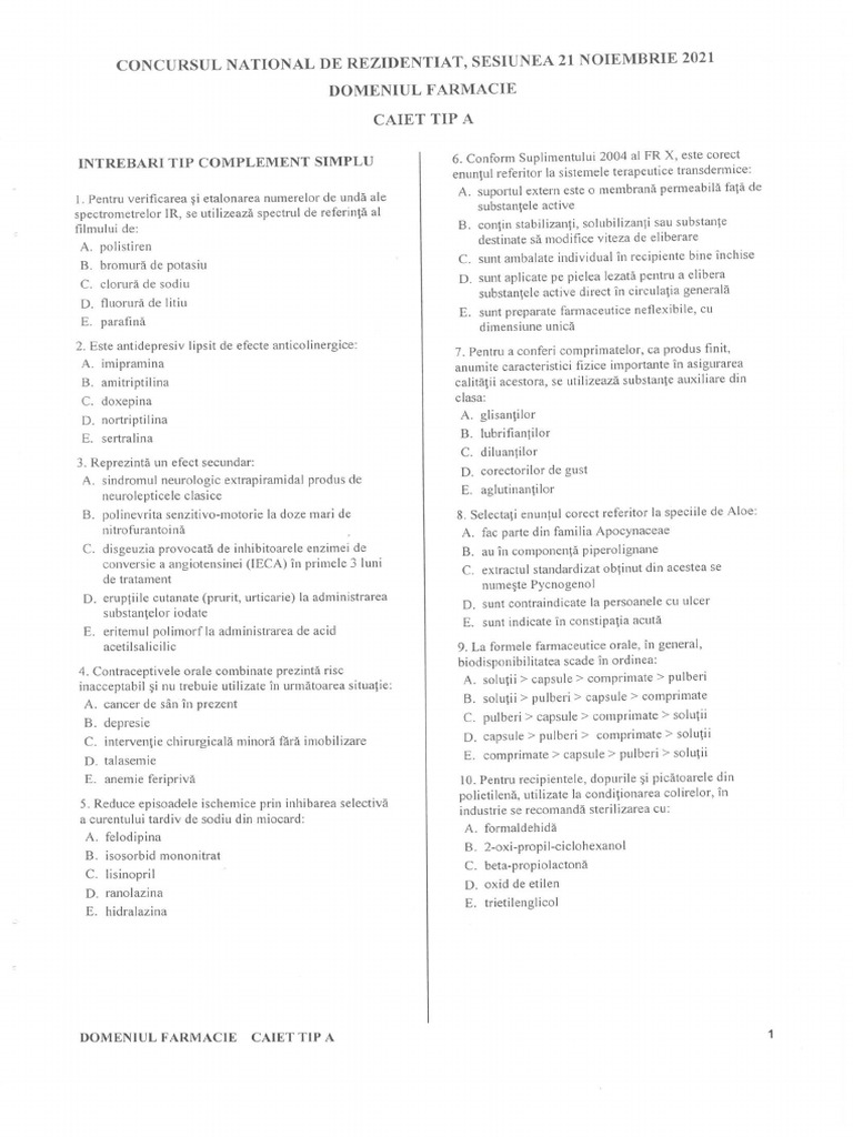 Subiecte Rezidentiat 2021 - Barem | PDF